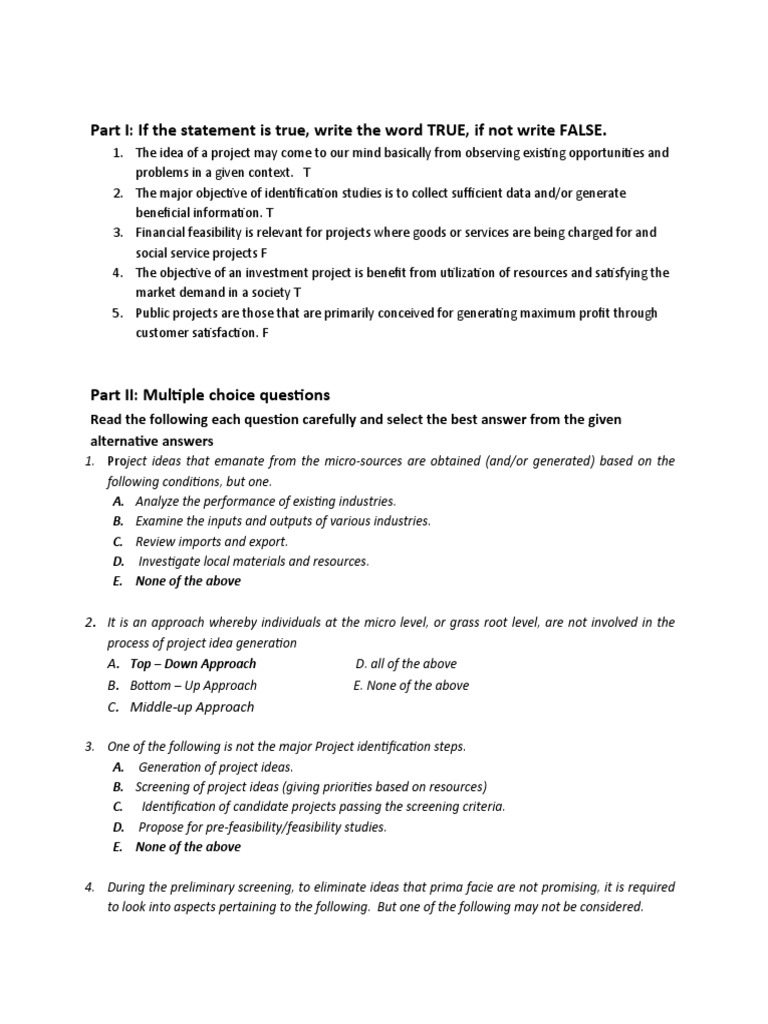 Part I: If The Statement Is True, Write The Word TRUE, If Not Write ...