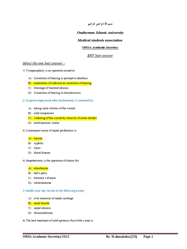 ENT Best Answer Select The One Best Answer:-: Omdurman Islamic ...
