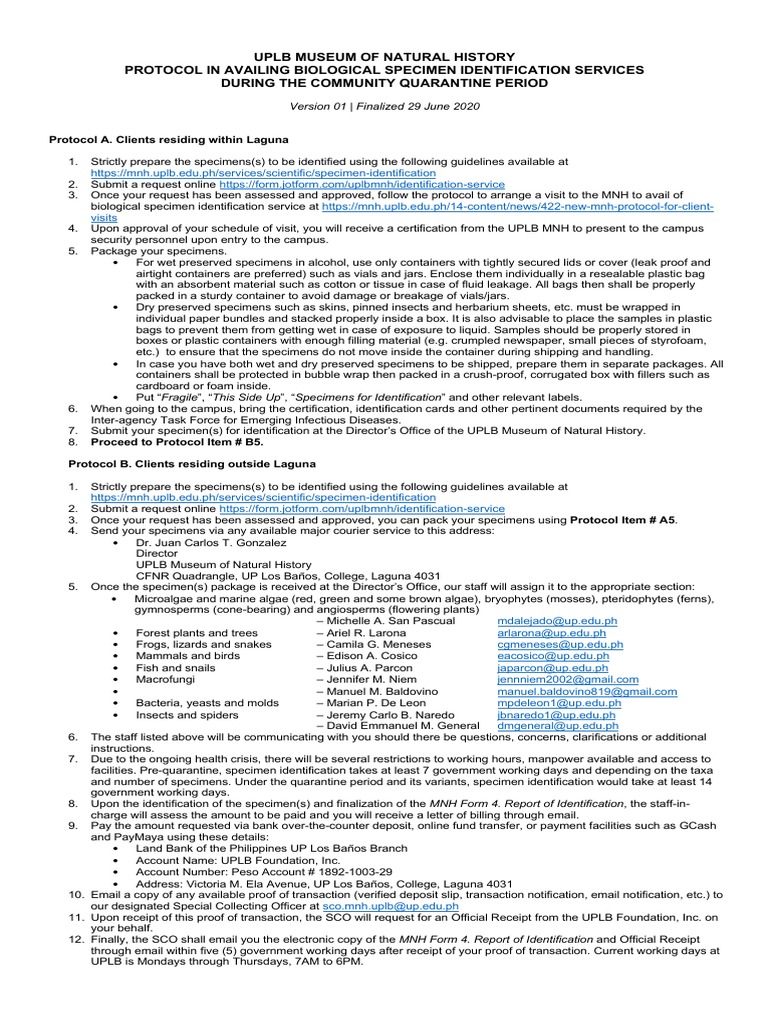 UPLB Biological Specimen ID Protocol | PDF | Social Science | Wellness