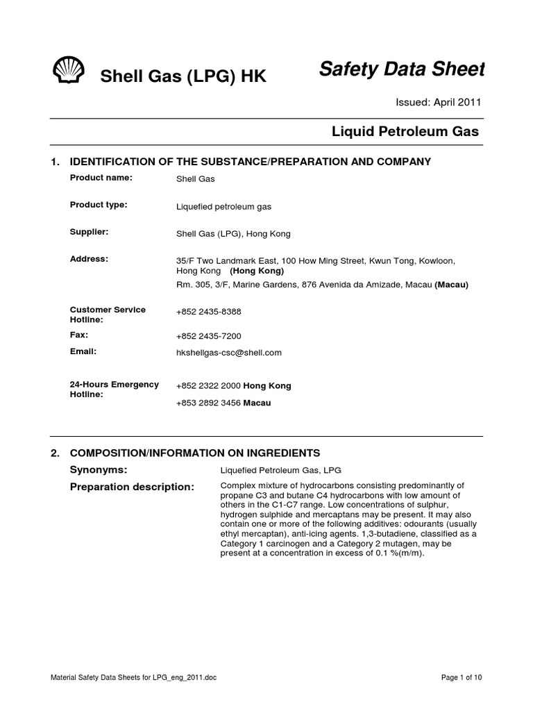Shell Gas (LPG) HK: Safety Data Sheet | PDF | Liquefied Petroleum Gas ...