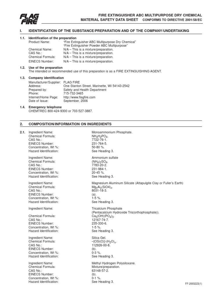 Fire Extinguisher Abc Multipurpose Dry Chemical Material Safety Data ...