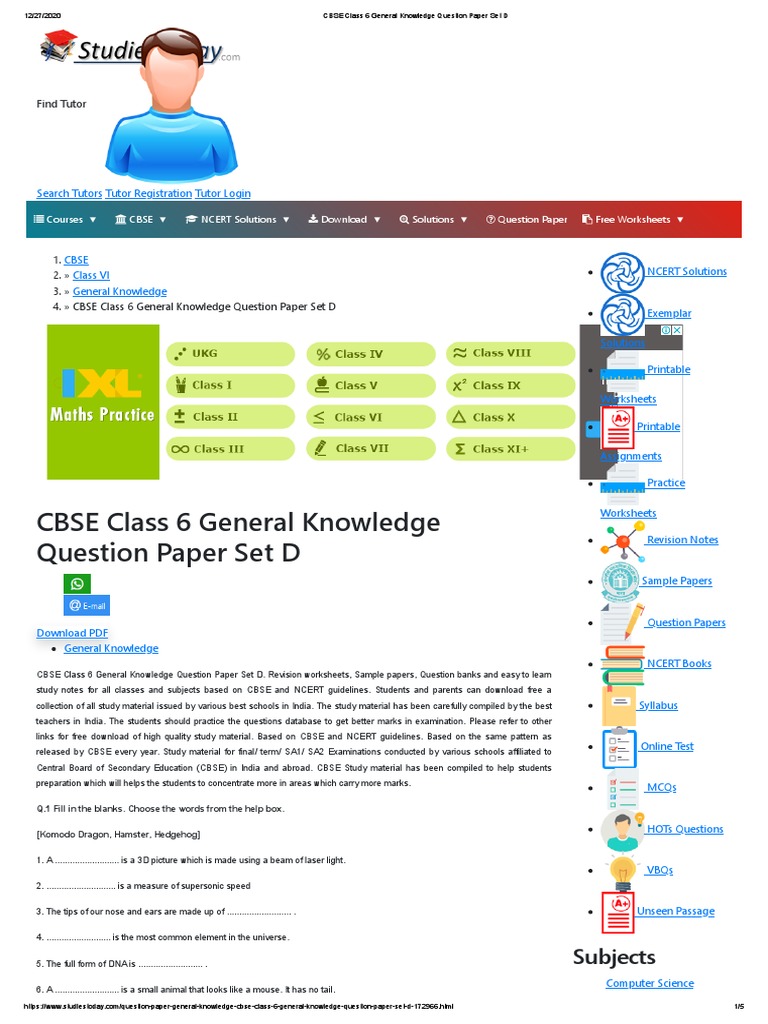 CBSE Class 6 General Knowledge Question Paper Set D | PDF | Test ...