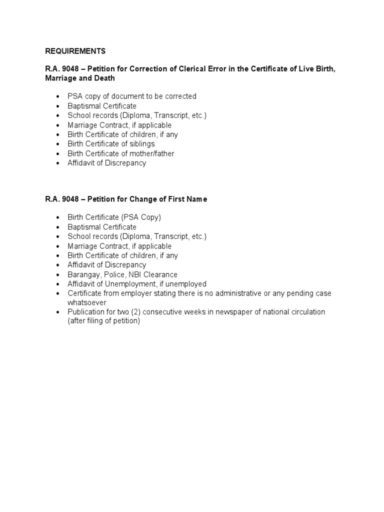 Requirements R.A. 9048 - Petition For Correction of Clerical Error in ...