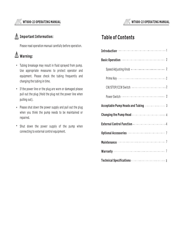 WT600-2J Peristaltic Pump Manual | PDF | Switch | Pump