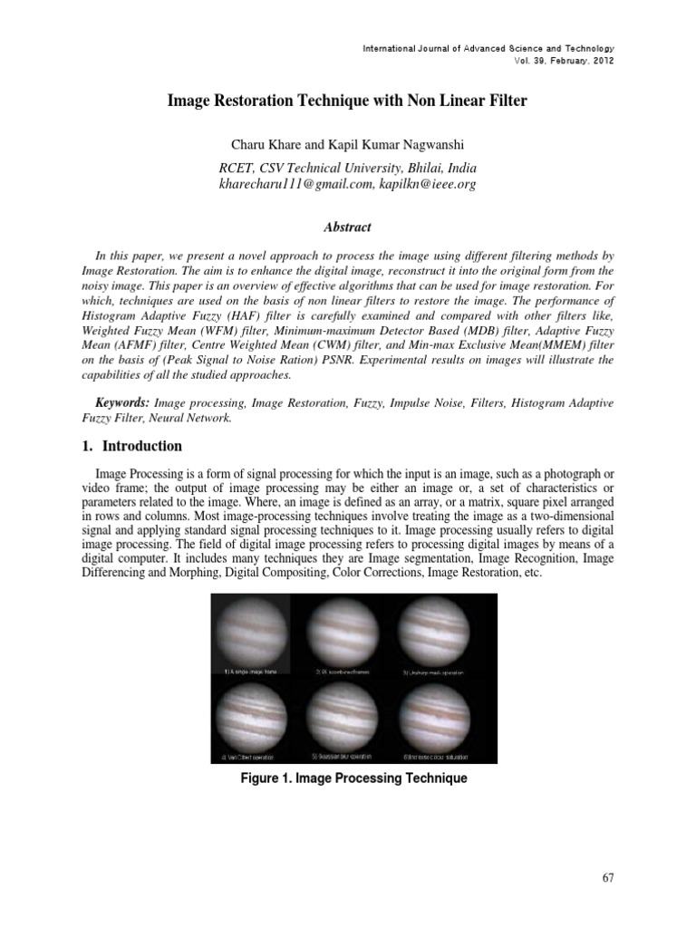 Image Restoration Technique With Non Linear Filter: RCET, CSV Technical ...