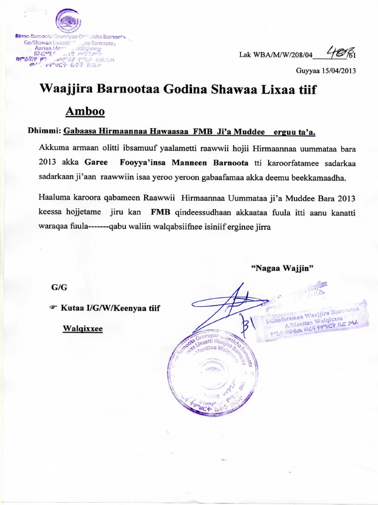 Waajjira Barnootaa Godina Shawaa Lixaa Tiif: Amboo | PDF
