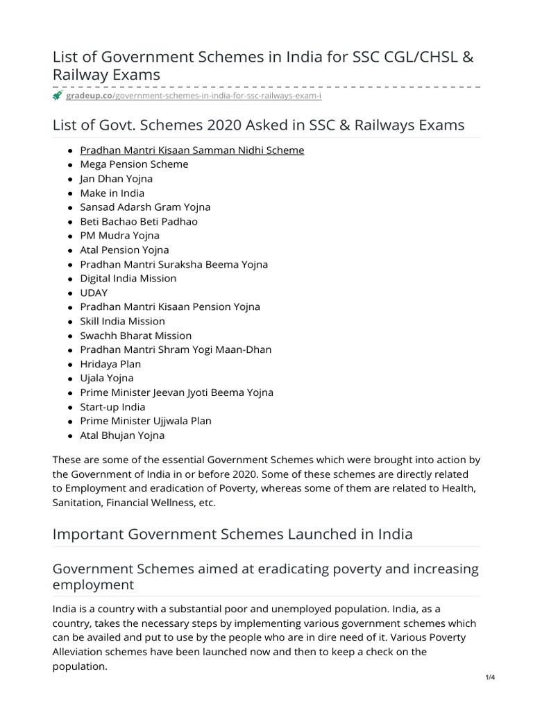 List of Government Schemes in India For SSC CGL/CHSL & Railway Exams ...