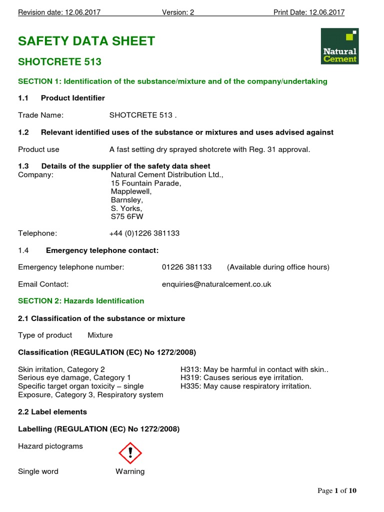 SDS Shotcrete 513 2017 PDF | PDF | Dangerous Goods | Toxicity