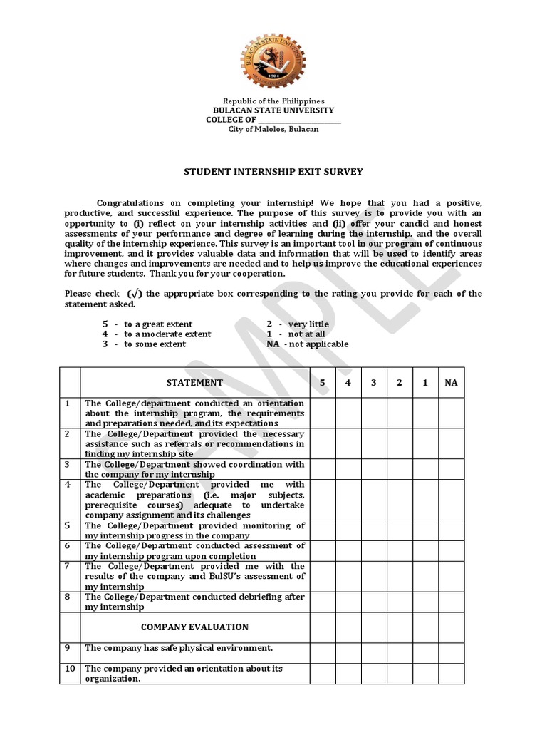 F4 - BulSU SIP Exit Survey | PDF | Internship | Job Hunting