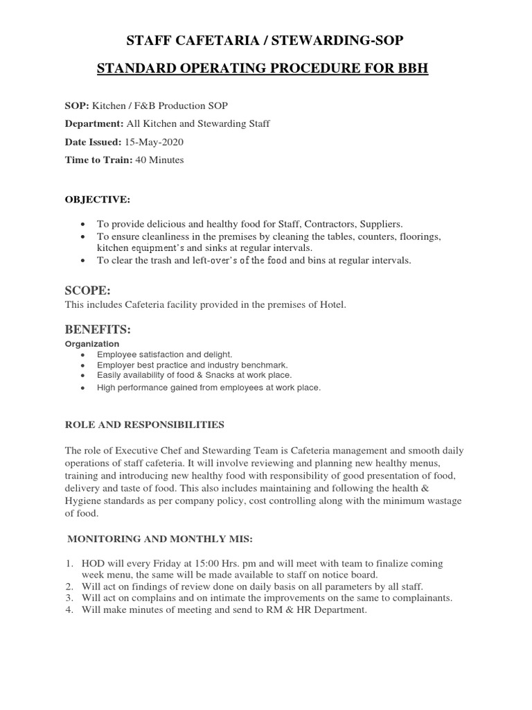 Staffcafetaria Sop-Bbh 1 | PDF | Cafeteria | Kitchen