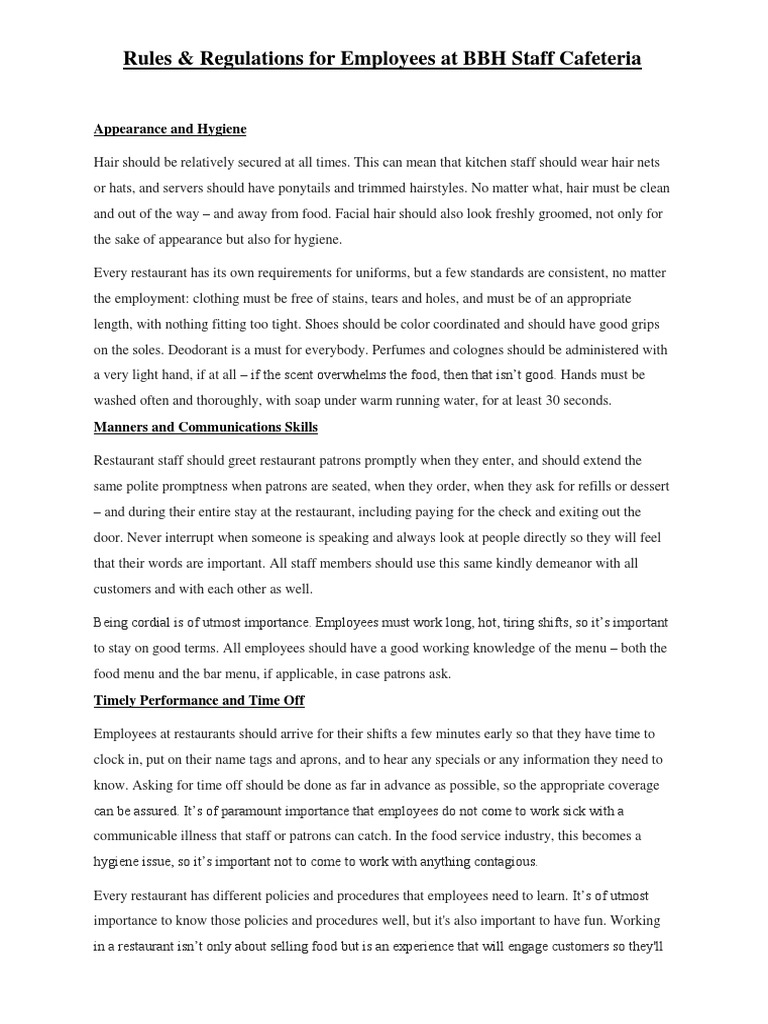 Rules & Regulations Staff Cafetaria-BBH-3 | PDF | Menu | Restaurants