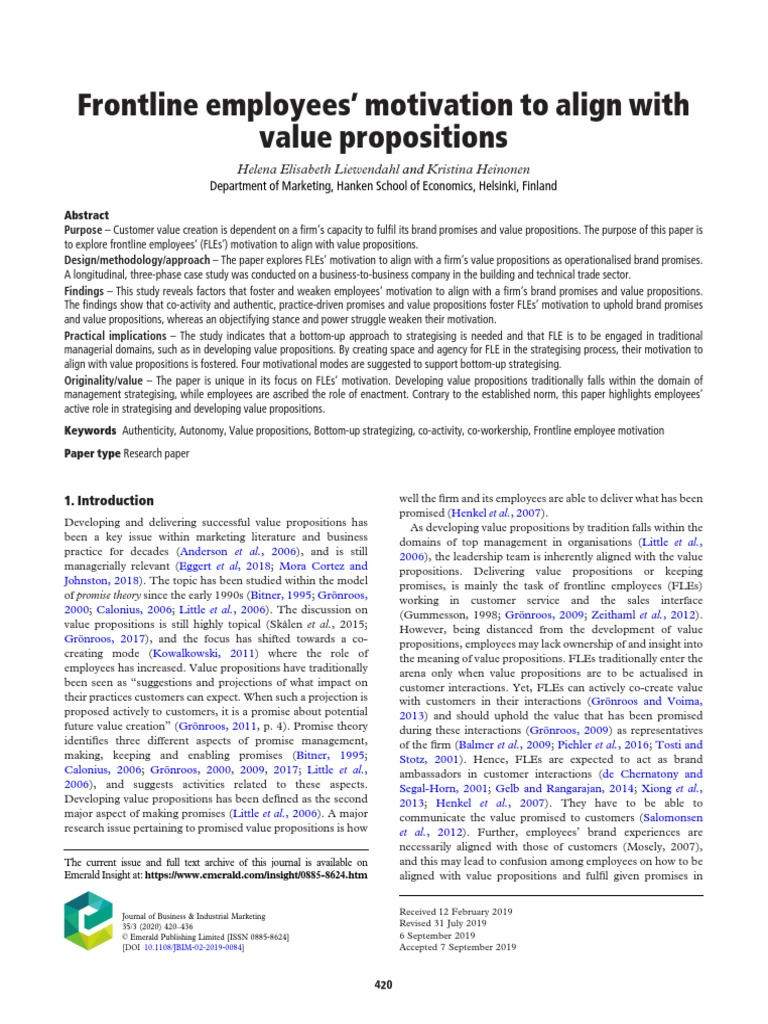 Frontline Employees ' Motivation To Align With Value Propositions | PDF ...