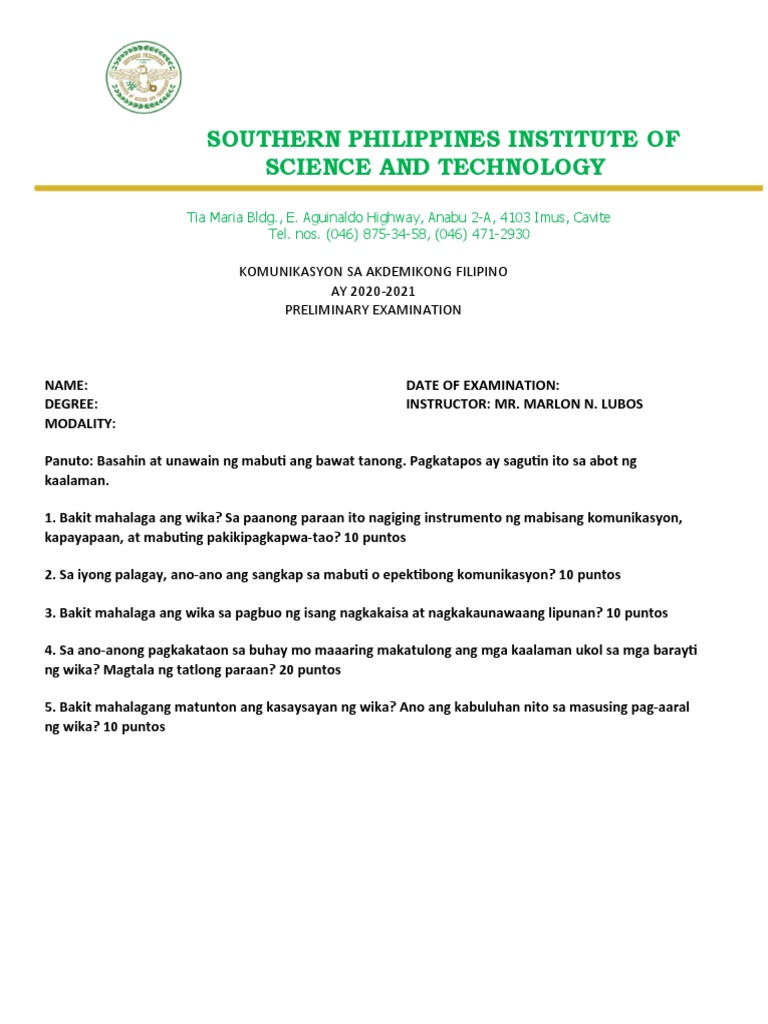 College Exam Akademiko Sa Filipino | PDF