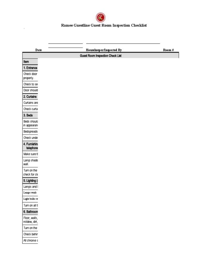 Guest Room Inspection Checklist | PDF | Bathroom | Home