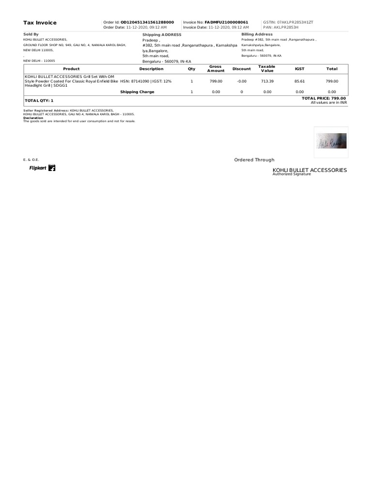 Tax Invoice for the Purchase of a Classic Royal Enfield Grill Set | PDF ...