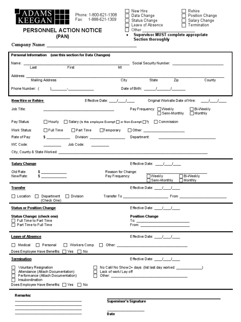 Personnel Action Notice: (PAN) Company Name | PDF | Working Conditions ...