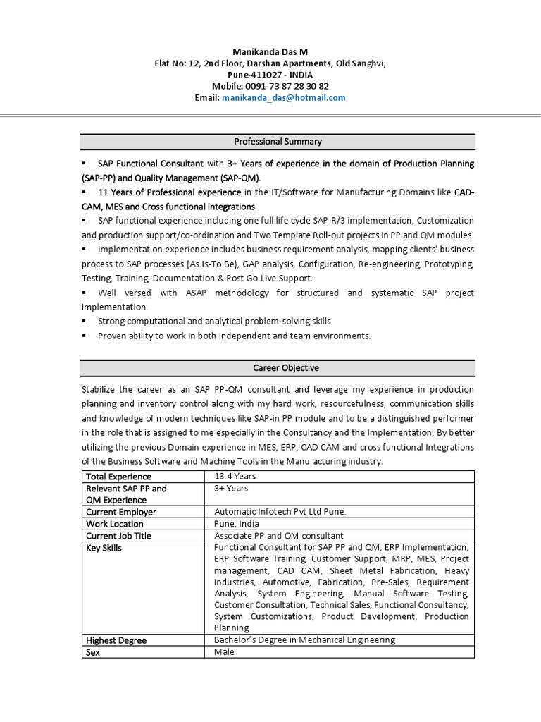 SAP PP-QM Consultant Resume | PDF | Enterprise Resource Planning | Sap Se