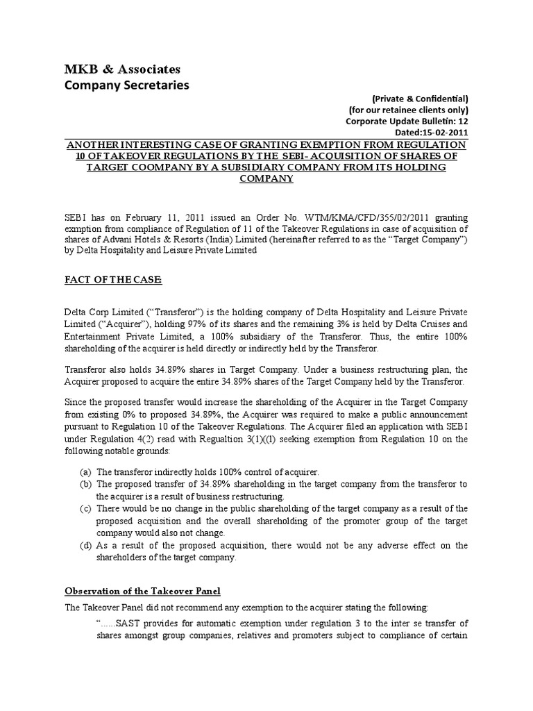 SEBI Exemption for Delta Hospitality Acquisition | PDF | Takeover | Justice