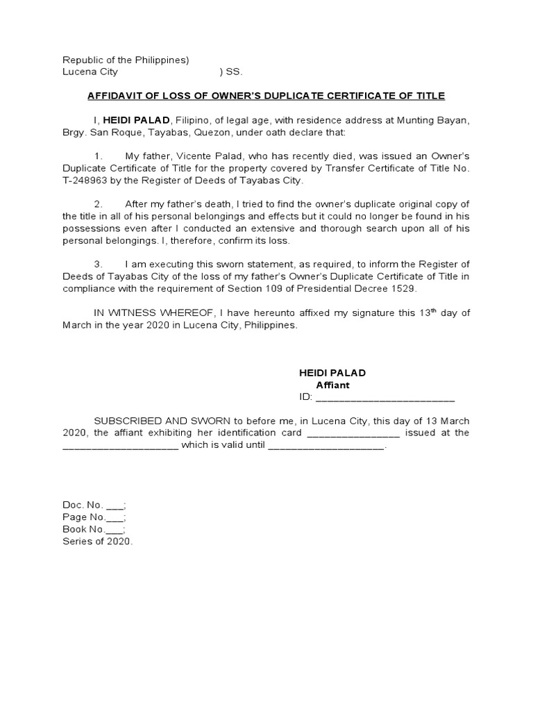 Affidavit of Loss: Title Certificate | PDF | Politics | Law