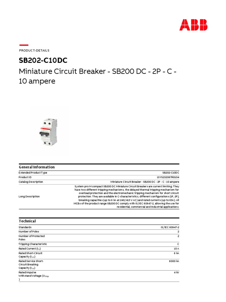 SB200 DC Miniature Circuit Breaker 10A | PDF | Electrical Equipment ...