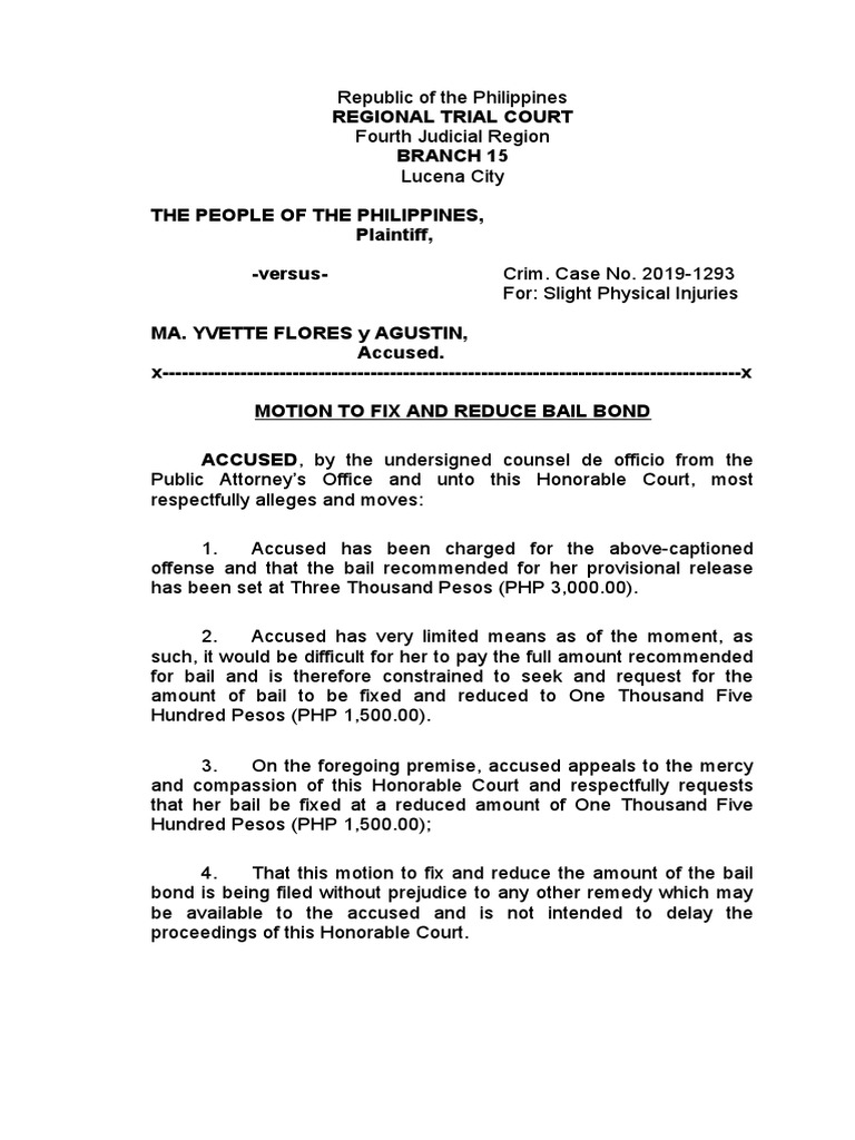 Ma. Yvette Flores - Motion To Reduce Bail | PDF | Bail | Prosecutor