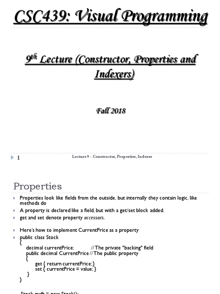 CSC439: Visual Programming: 9 Lecture (Constructor, Properties and Indexers) | PDF | Constructor ...