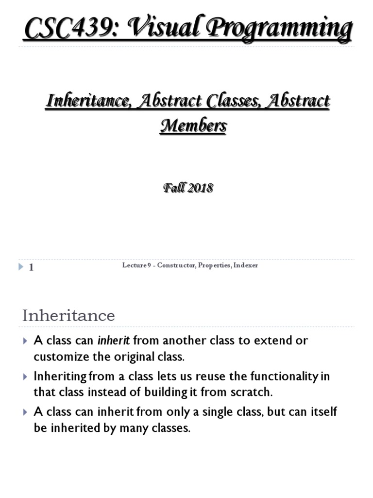 Csc439 Visual Programming Inheritance Abstract Classes Abstract Members Pdf Class