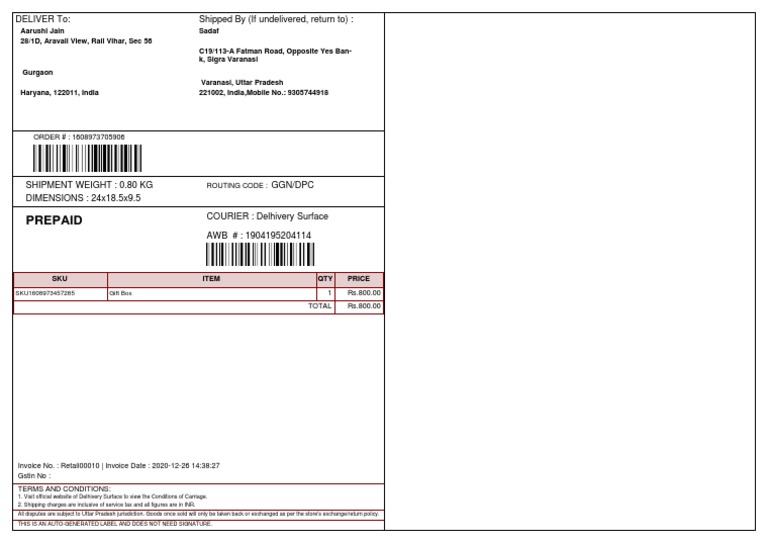 Delivery Invoice for Gift Box Order | PDF