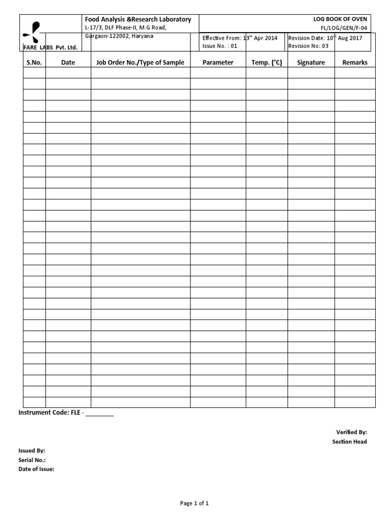 Food Analysis Lab Log Book Records Oven Temperature and Sample Testing ...