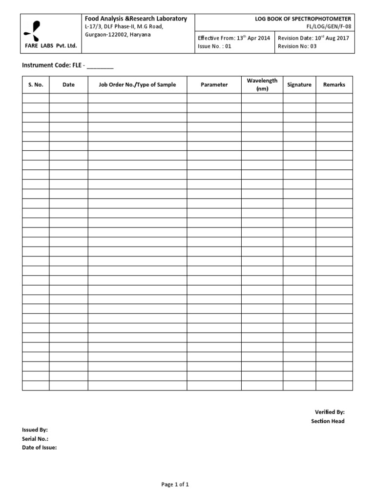 Spectrophotometer Log Book Template | PDF