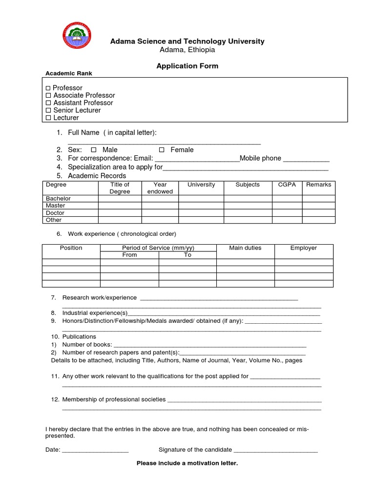 Application Form MSC and PHD | PDF