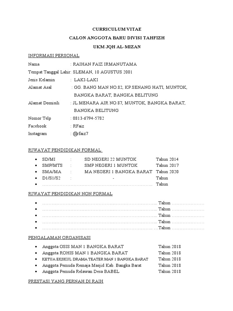 CURRICULUM VITAE Tahfizh New - RAIHAN FAIZ PM FSH | PDF