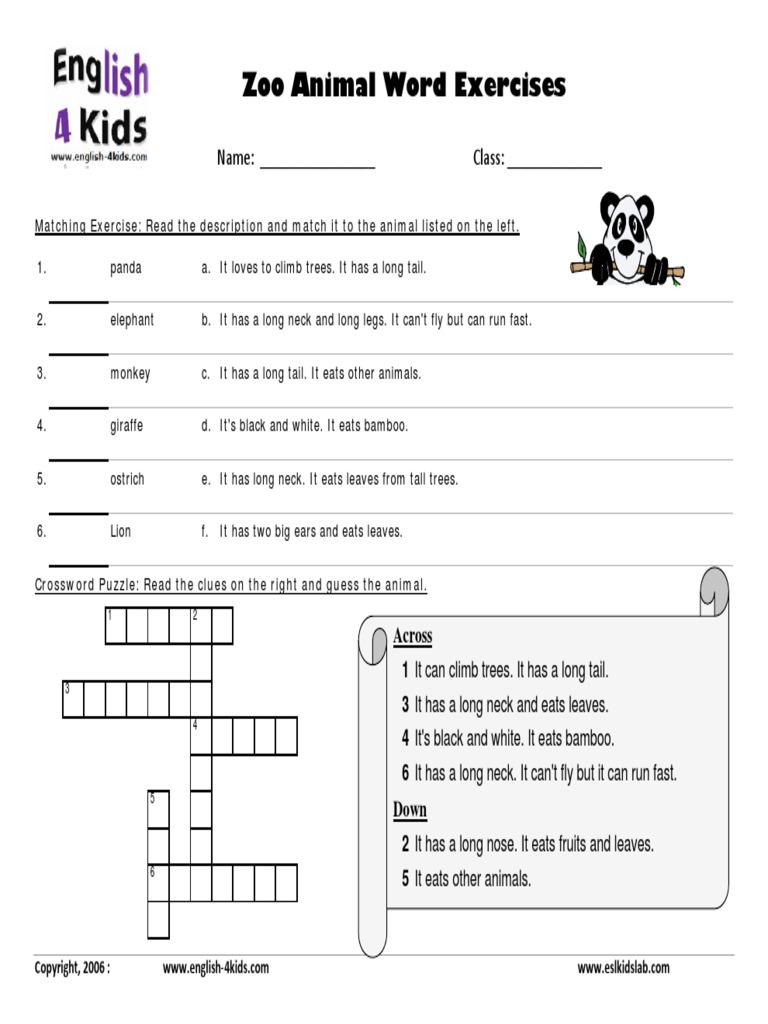 Zoo Animal Word Exercises: Name: - Class | Download Free PDF | Leisure