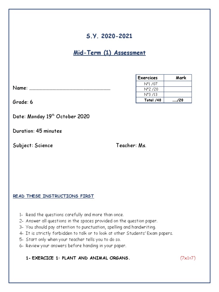 Mid-Term Assessment Term 1 Grade 6 Science Paper 1 | PDF | Vacuole ...