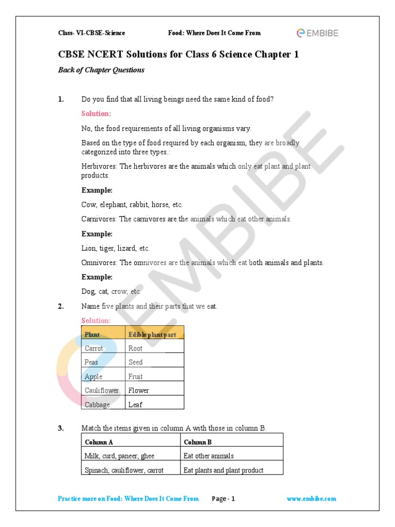 Class 6 Science Chapter 1 Solutions | PDF | Herbivore | Cauliflower