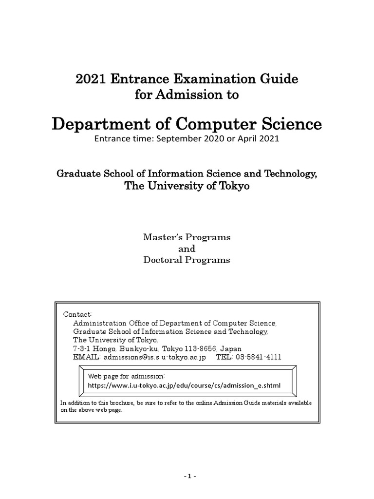 Department of Computer Science: 2021 Entrance Examination Guide For ...