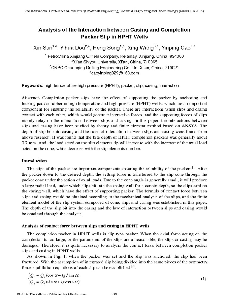 Analysis of The Interaction Between Casing and Completion Packer Slips ...