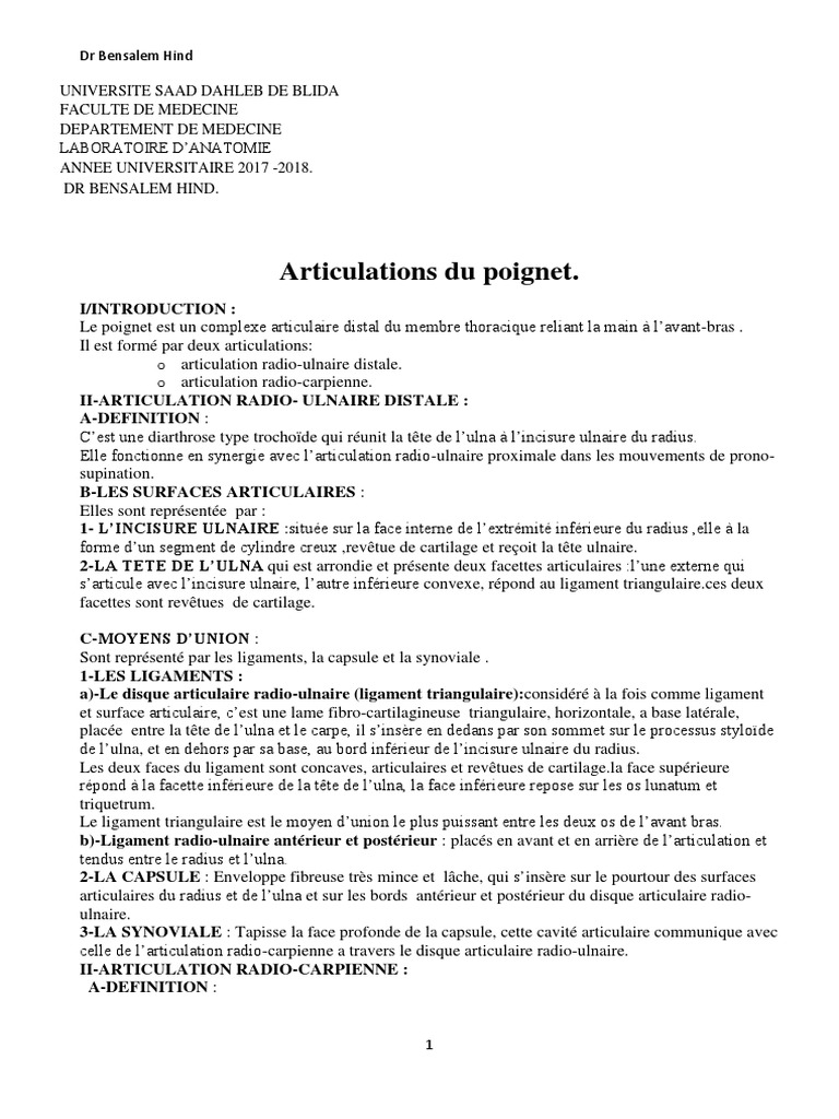 6 - Articulation Du Poignet | PDF | Articulation (anatomie) | Main