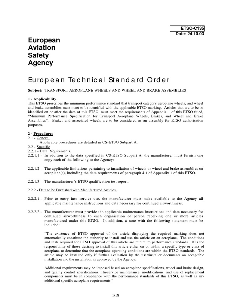 EASA European Technical Standard Order | PDF | Tire | Brake