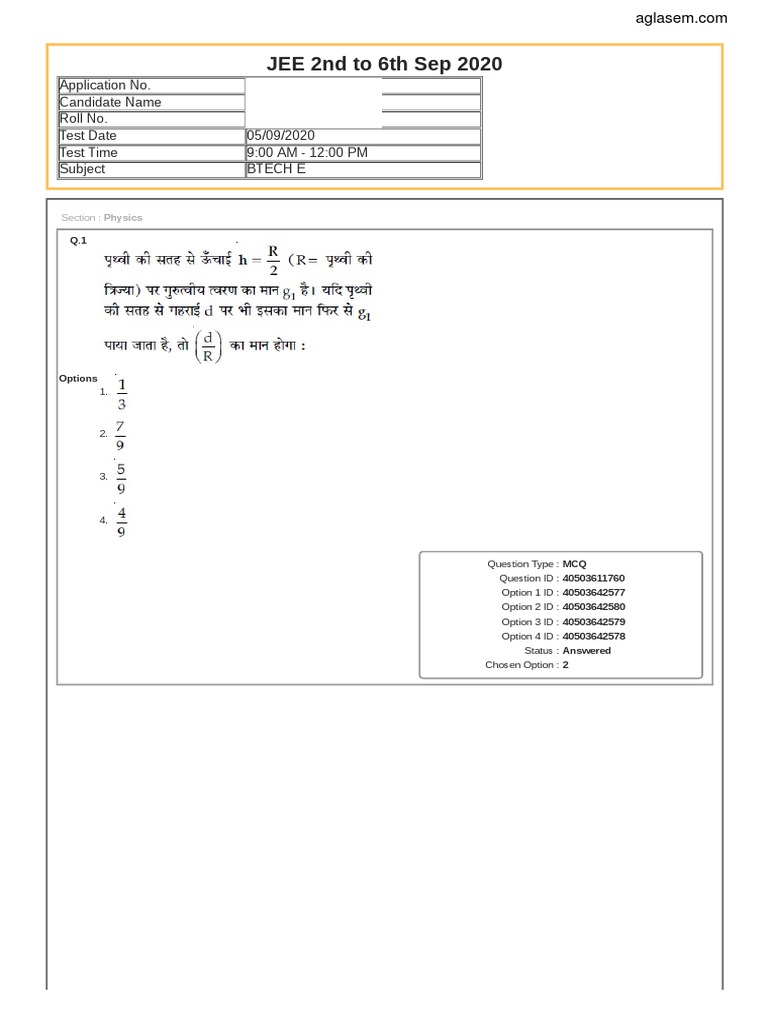 JEE Main 2020 Question Paper For 5 Sep 2020 Shift 1 | PDF | Multiple ...