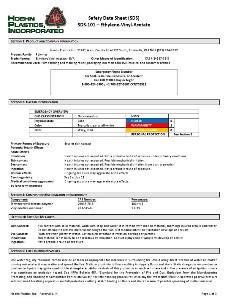 Ethylene Vinyl Acetate Safety Data Sheet | PDF | Toxicity | Polyvinyl ...