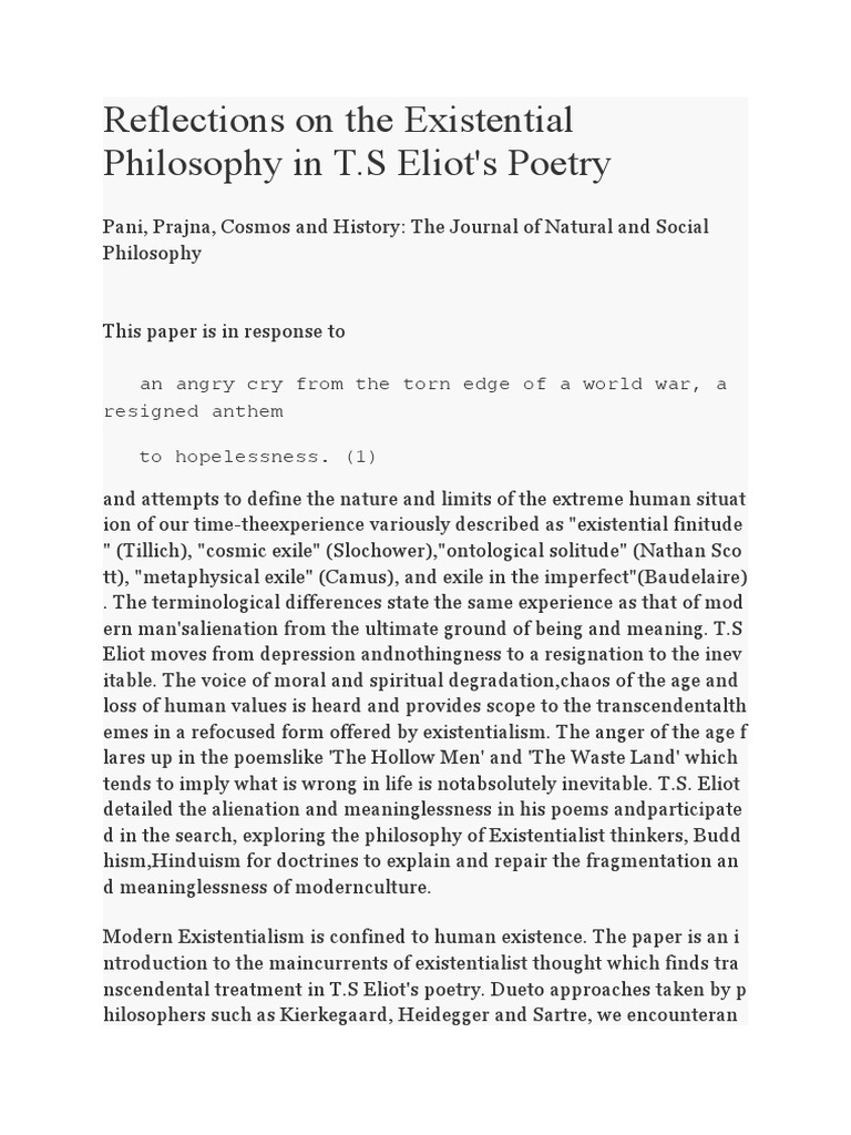 Reflections On The Existential Philosophy in T.S Elliots Poetry | PDF ...