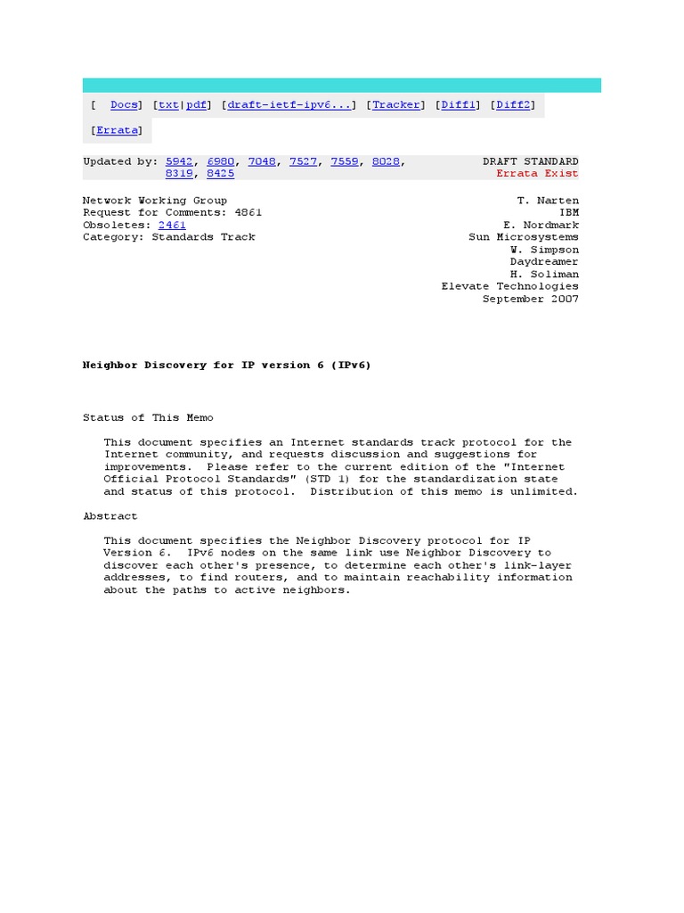 RFC 4861 | PDF | I Pv6 | Internet Protocols