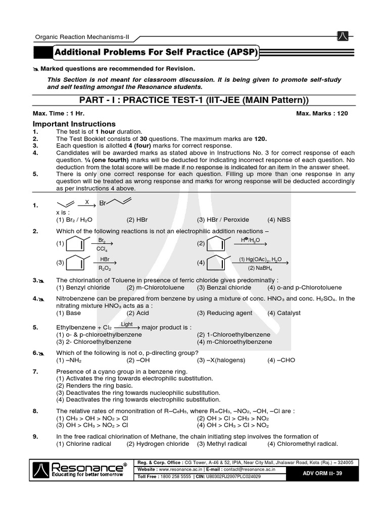 Organic Reaction Mechanisms-II APSP PDF | PDF | Chlorine | Benzene