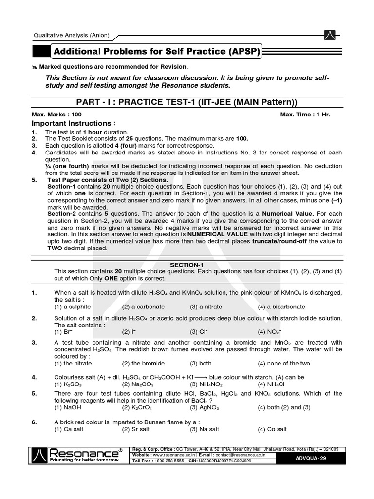 Part - I: Practice Test-1 (Iit-Jee (Main Pattern) ) : Important ...