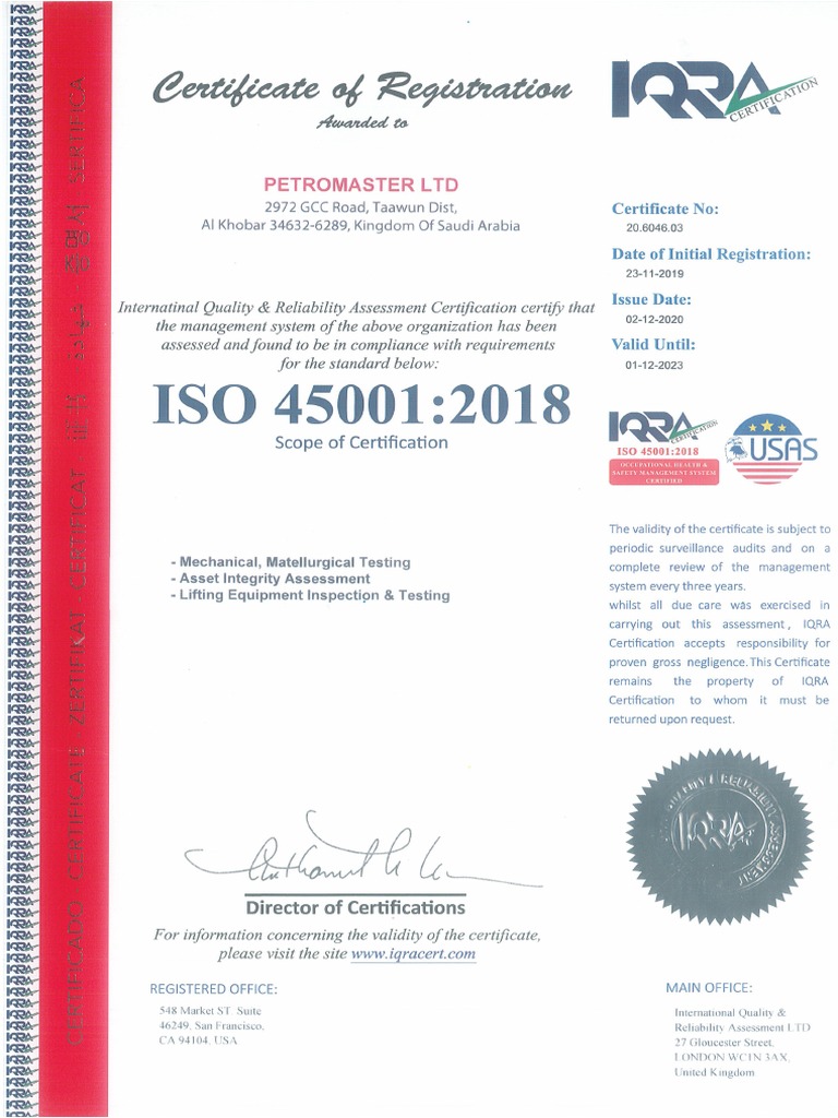 ISO 45001 2018 Certificate PDF | PDF