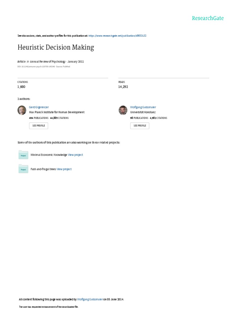 Heuristic Decision Making: Annual Review of Psychology January 2011 ...