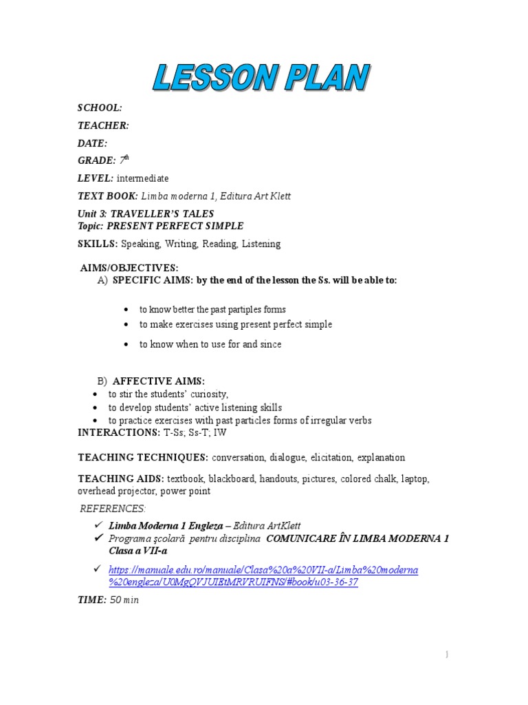 Lesson Plan 7 Present Perfect Simple | PDF | Homework | Teachers