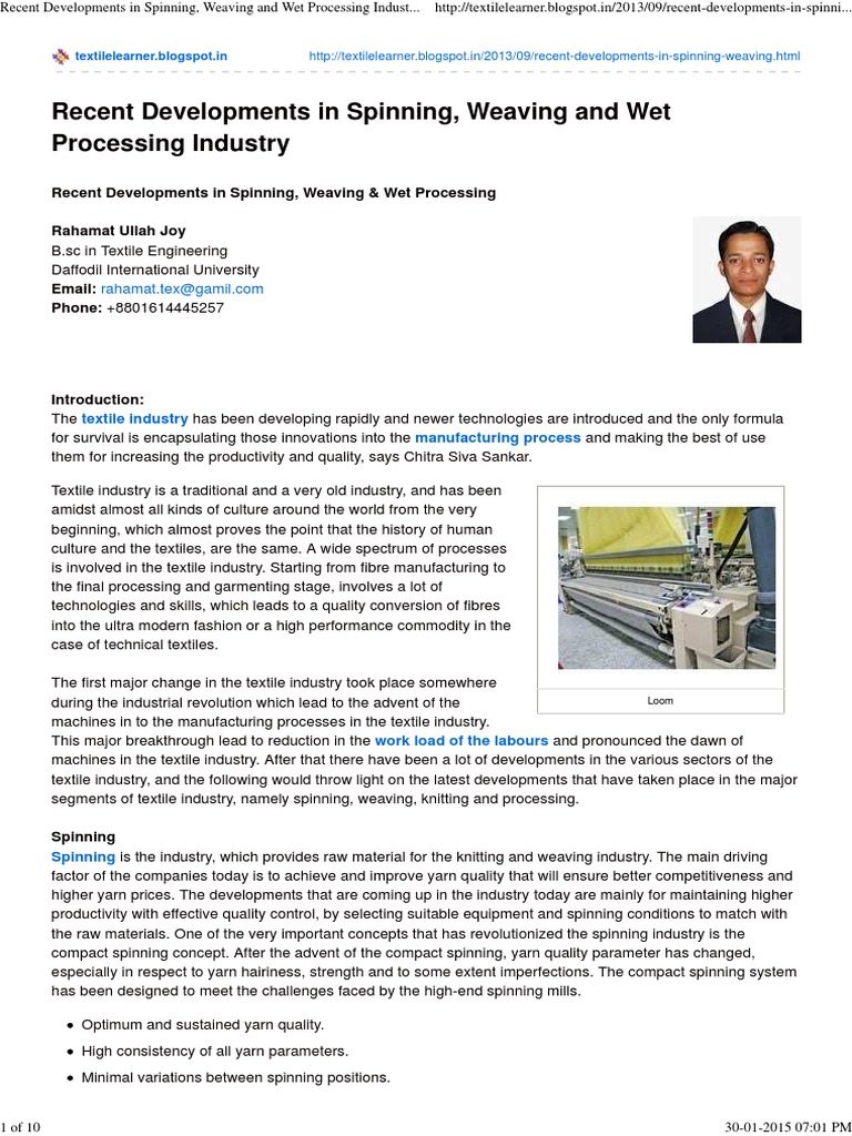 Recent Developments in Spinning, Weaving and Wet Processing Industry ...