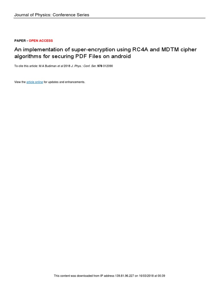 An Implementation of Super-Encryption Using RC4A and MDTM Cipher Algorithms For Securing PDF ...